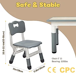 FUNLIO Adjustable Kids Chair (2pcs), 3 Level Height Adjustable Toddler Chair for Ages 3-8, Sturdy Child Chair with Maximum Bearing 220lbs, for Classrooms/Daycares/Homes, CPC & CE Approved - Grey