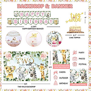 Fiesec Two Wild Birthday Decorations Girl, Jungle Safari Animal Theme 2nd Party Decorations Backdrop Balloons Banner Cake Cupcake Topper Poster Crown Lion Cheetah Giraffe Pink 119 PCs
