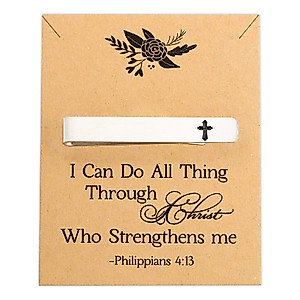 BEKECH Cross Tie Clips for Men Christian Faith Gift Philippians 4:13 First Communion Tie Tacks for Minister Clergy Officiant Groom Father of the Bride Wedding Day Tie Clip, S, Stainless Steel, /na