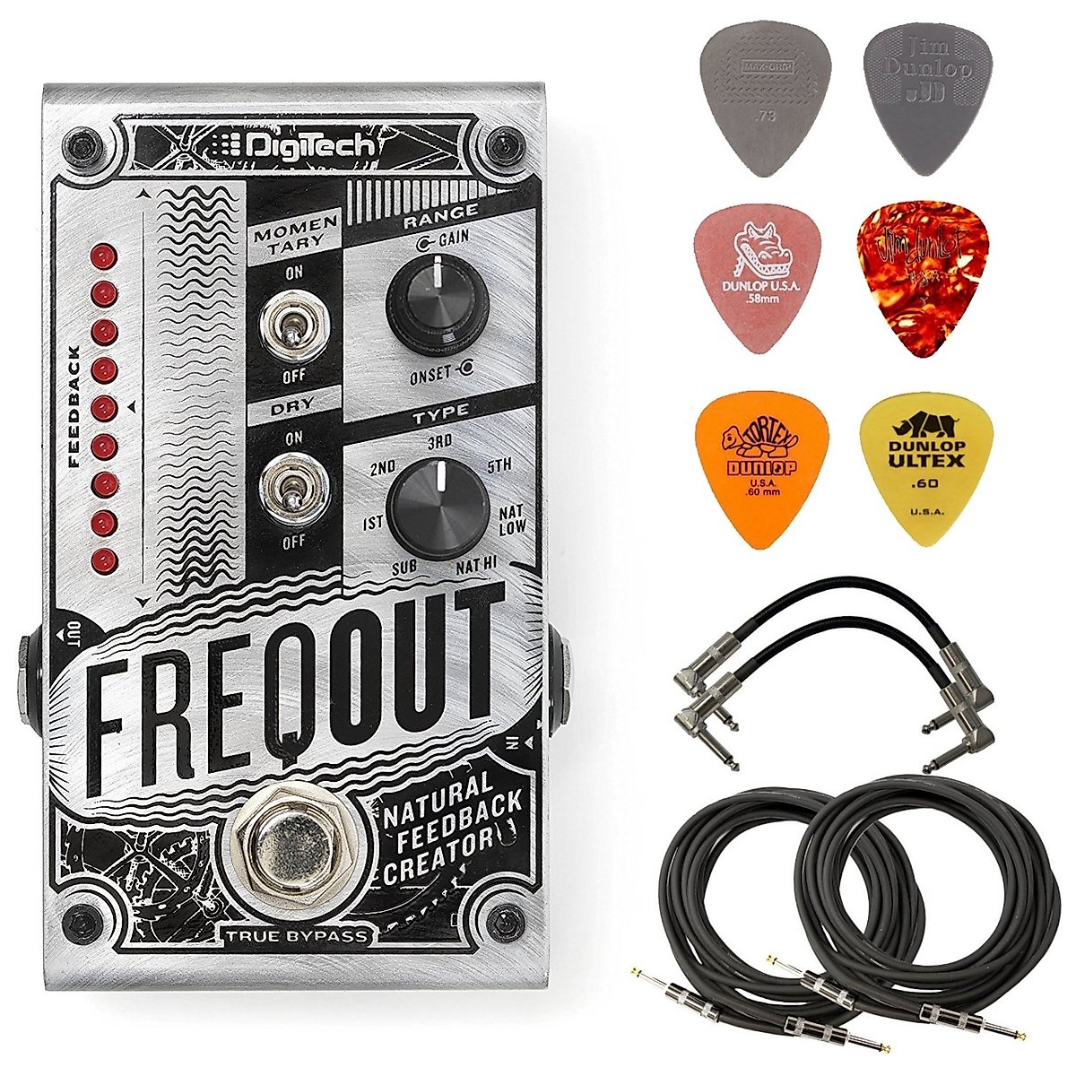 Digitech FREQOUT Natural Feedback Creator Pedal Bundle with 2 Patch Cables, 2 Instrument Cables, and 6 Assorted Dunlop Picks