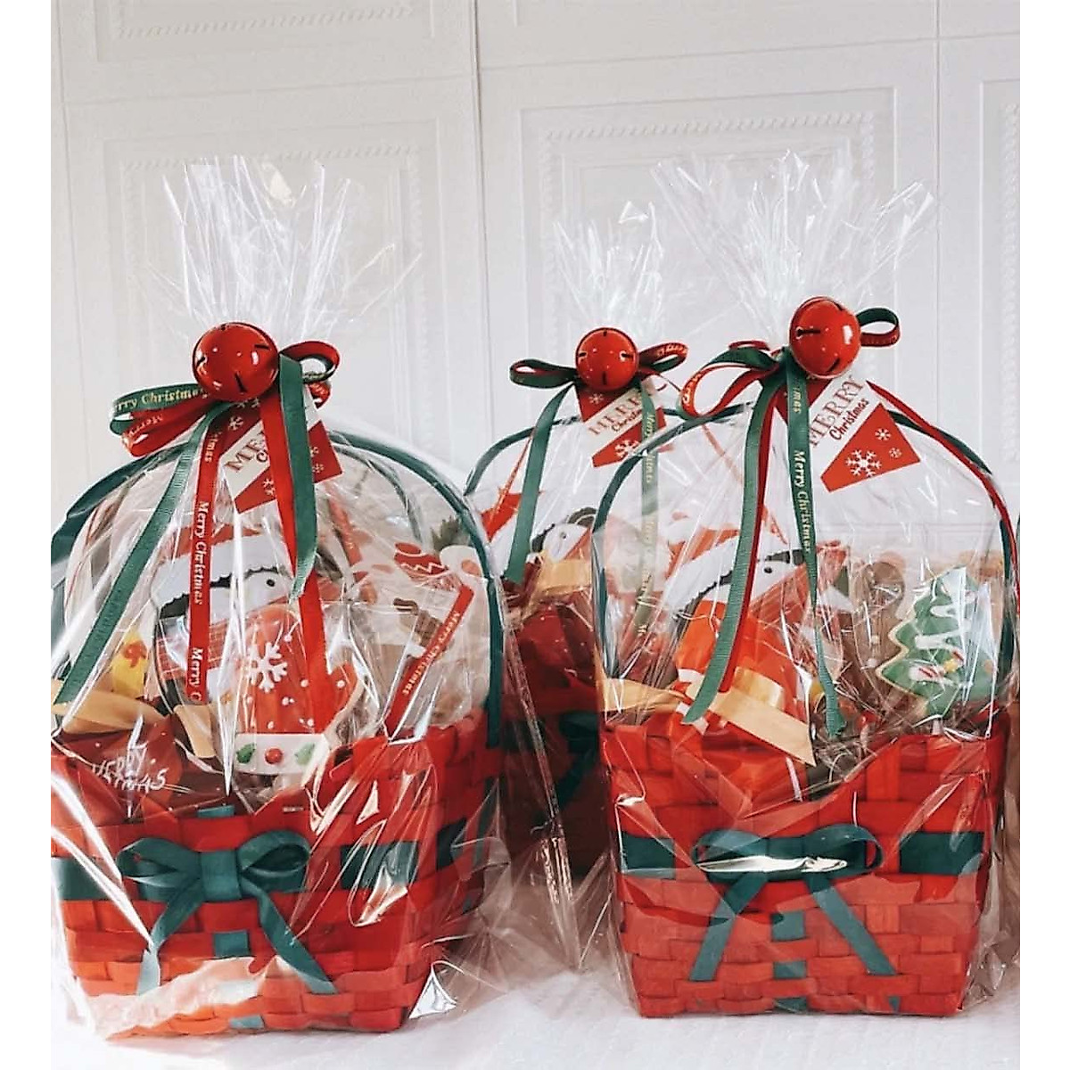 LWNIP 20 Pcs Clear Basket Bags, 22 x 28 Inches 2.3 Mils Thick Cellophane Wrap Bags for Baskets and Gifts, Ribbon Included