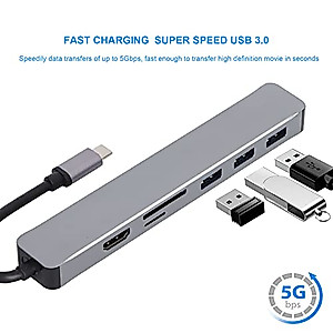 USB C Hub, 4K HD 1080P Adapter USB C Dongle, 7 in 1 High Speed Lightweight Portable USB Docking Station with 3 x USB 3.0 Ports, 5Gbps
