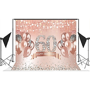 Pink Rose Gold Happy 60th Birthday Party Backdrop Glitter Diamonds and Balloons Lights Birthday Background Sixty Years Old Age Women Birthday Party Decorations Cake Table Supplies 7x5ft