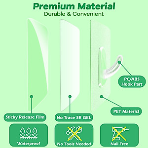 PEYZCNOK Adhesive Hooks, Heavy Duty Utility Hooks 20 lb(Max) Waterproof and Oilproof Removable, 20 Pack Seamless Hooks Reusable Wall Hook for Kitchen Bathroom Bedroom Office