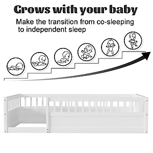 Twin Size Floor Bed with High Fence Rails, Solid Wood Montessori Floor Bed for Baby,Kids Twin Bed Frame for Girls, Boys, Floor Bed Without Slats as Kids Playground,White