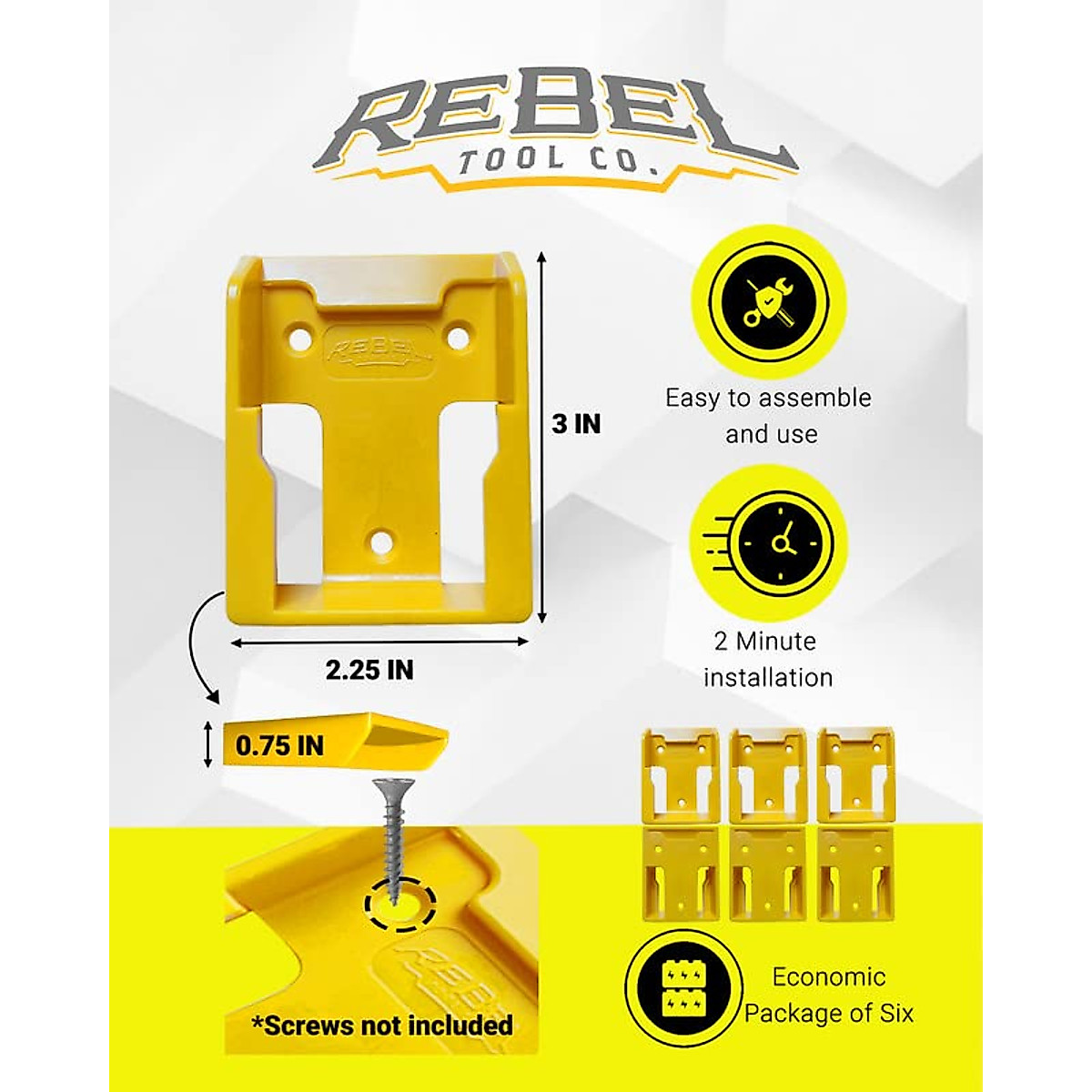 RebelToolCo Battery Holder Wall Mount (6 Pack) Battery Holder Mounts. Compatible with 20V & 60V DeWalt Cordless Batteries. Tool Holder Storage Organizer for Battery, Accessories, & Tool Organization.