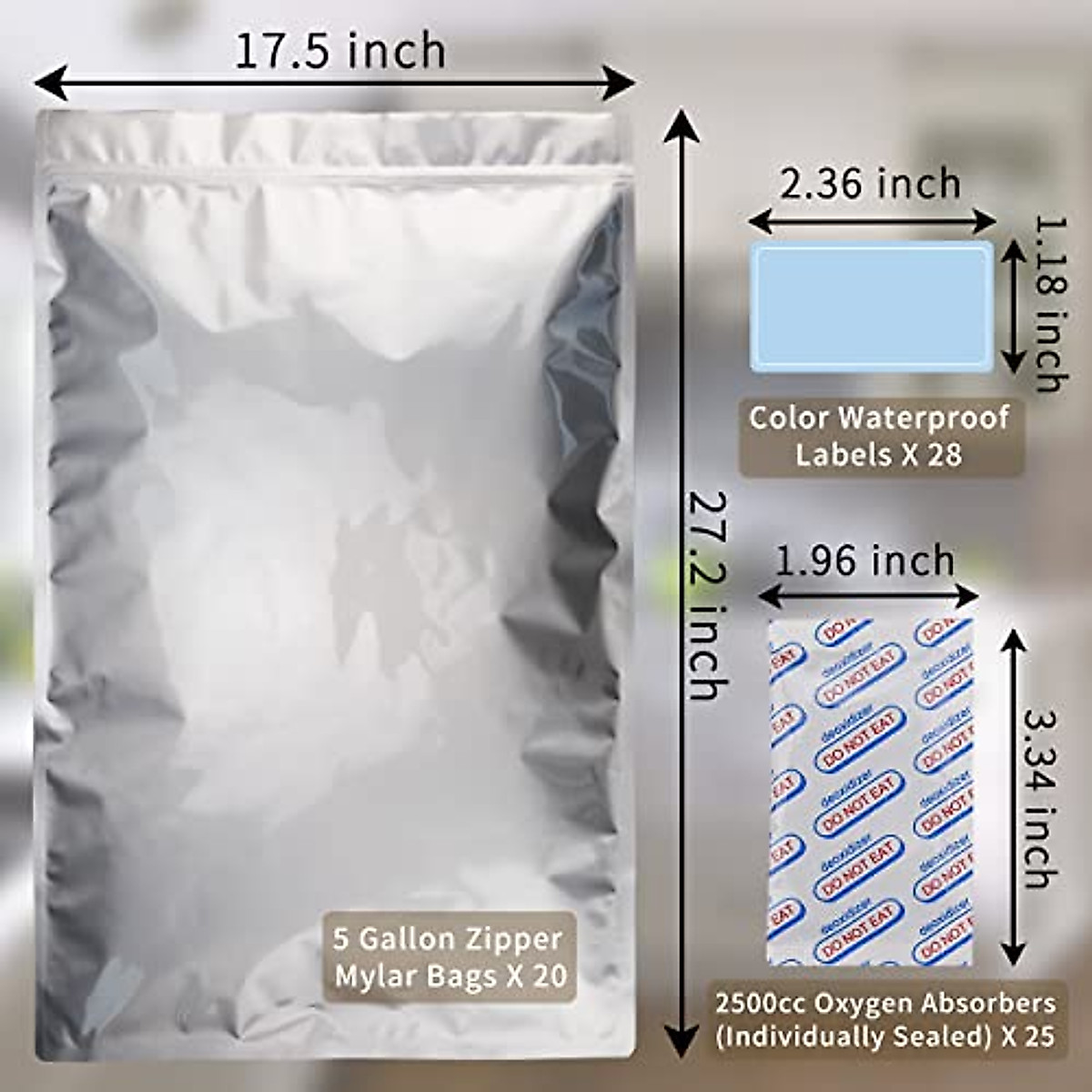 5 Gallon Mylar Bags with Oxygen Absorbers for Food Storage (20 Pack) Big Mylar Bags for Food Storage with 25 Single Sealed 2500CC Oxygen Absorbers & Labels Total 10.5 Mil Zipper Pouches SENDGREEN…
