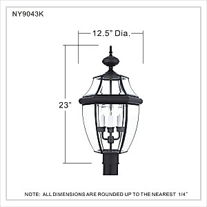 Quoizel NY9043K Newbury Outdoor Post Lantern Pier Mount Lighting, 3-Light 180 Total Watts, 23" H x 13" W, Mystic Black