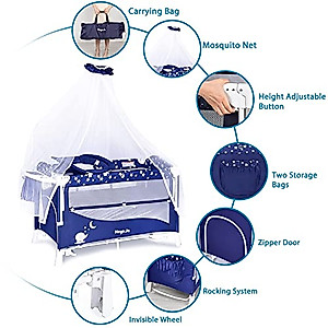 Heyo.Ja Double Layer Baby Playard, 5 Height Adjustable Crib,Changing Diaper Rack,Foldable Bassinet Bed with Luxury Mosquito Net,Starry Sky Fence,Two Toys Bag,Wheels & Brake, Carry Bag (Navy)