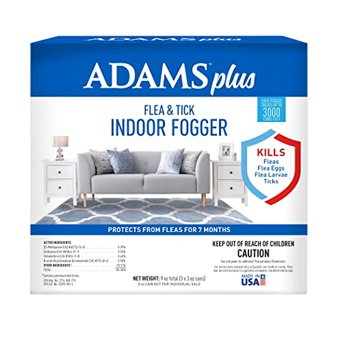Adams Plus Flea & Tick Indoor Fogger, 3 x 3 oz Cans, Kills Fleas, Flea Eggs, Ants, Flies, Wasps, Cockroaches, Mosquitoes, and Many Other Listed Pests, Each Fogger Treats Up To 3000 Cu Ft, 9 Oz