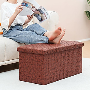 B FSOBEIIALEO Folding Storage Ottoman, Faux Leather Footrest Seat Long Bench Toy Box Chest, Brown 30"x15"x15"