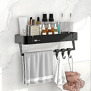 RCHYFEED 15.6”Shower Caddy with Towel Bar, Shower Organizer Adhesive,Metal Rustproof Bathroom Shower Shelf Rack with Hook, Drilling-Free Self Adhesive Storage Shelf for Bathroom & Kitchen(Black)