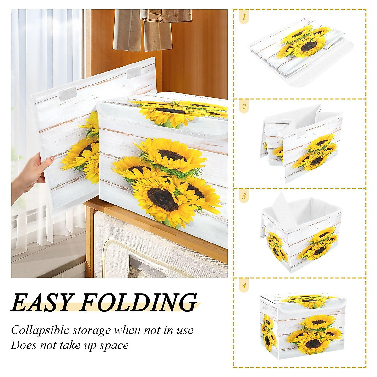 DIGTIA Summer Sunflower Bouquet Storage Bins with Lids Large White Rustic Wood Storage Basket with Handles Foldable Fabric Storage Box Organizer for Clothes Toys Closet Cabinet Home Office Bedroom