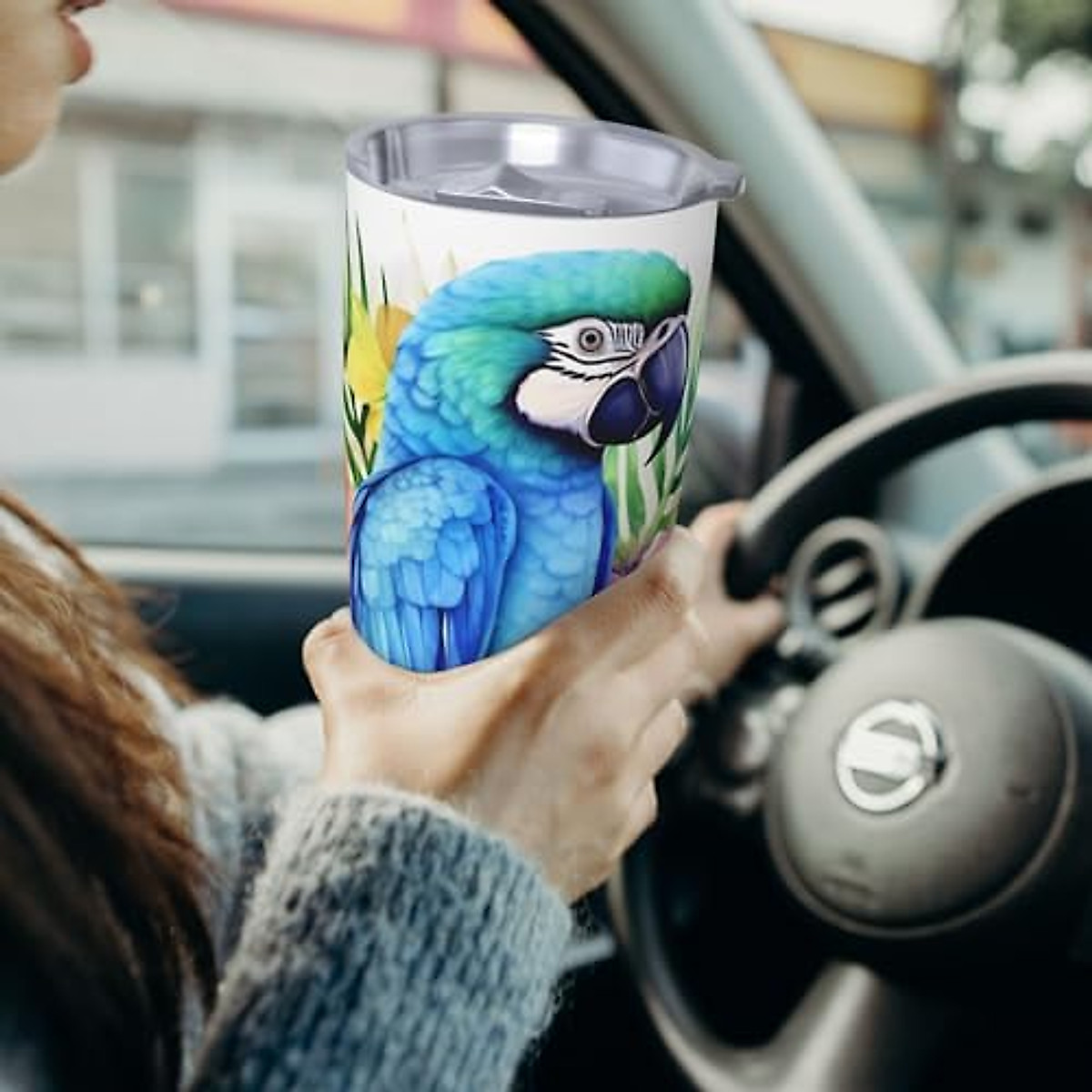 Blue Parrot in Flowers Tumbler with Lid and Straw 20oz Stainless Steel Car Cup for Hot and Cold Drinks, Double Wall Insulated Travel Coffee Mug Reusable Drink Thermos Cup Birthday Gifts