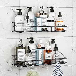 ODesign Adhesive Bathroom Shelf Shower Caddy with Hooks Razor Bath Sponge Holder Kitchen Storage Organizer Spice Rack Wall Mount No Drilling Rustproof Stainless Steel Black - 2 Tier