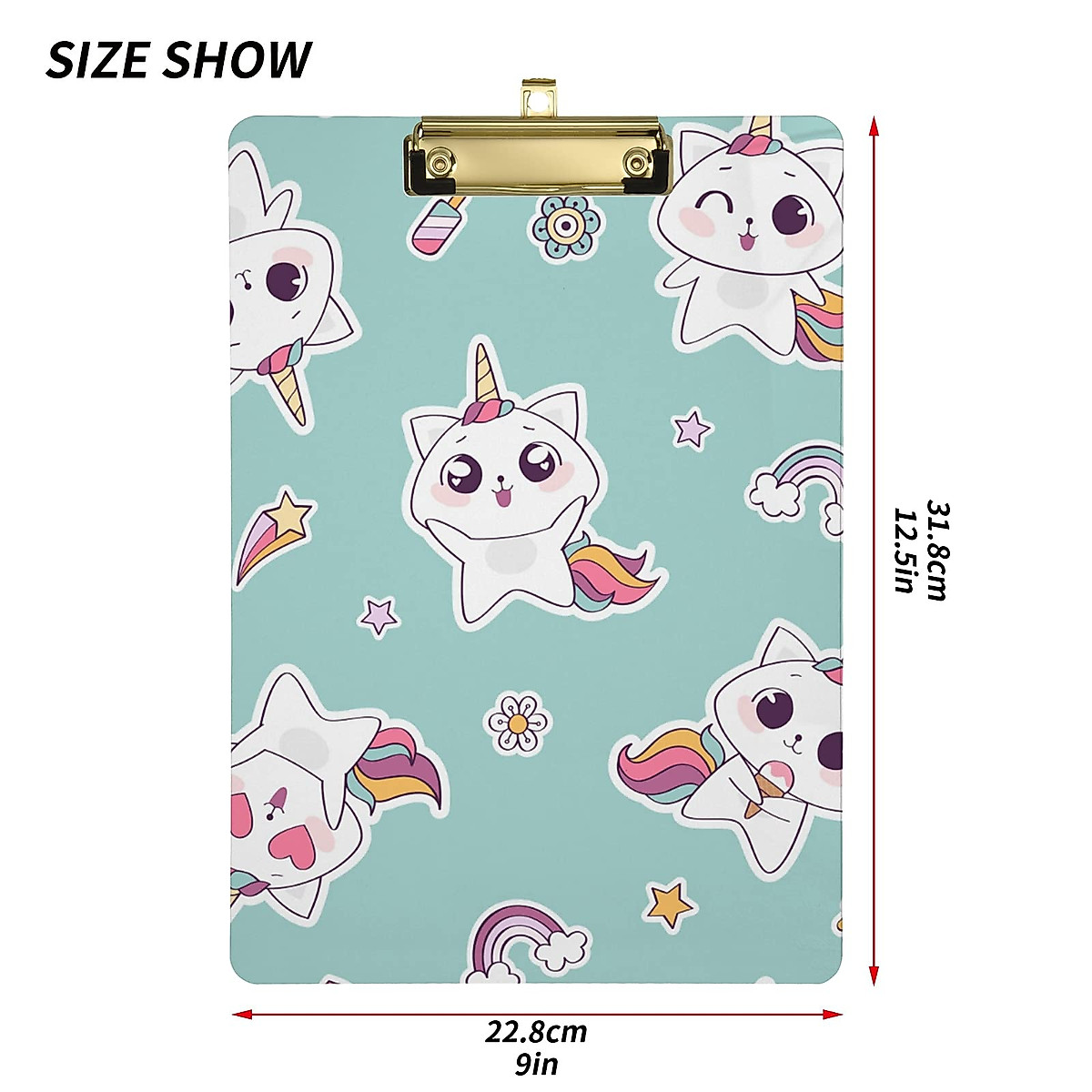 Plastic Clipboard Cute Unicorn Cat Caticorn A4 Letter Size 12.5 x 9 Inch with Metal Low Profile Clip for Office Classroom Students Coaches （Gold Clip）