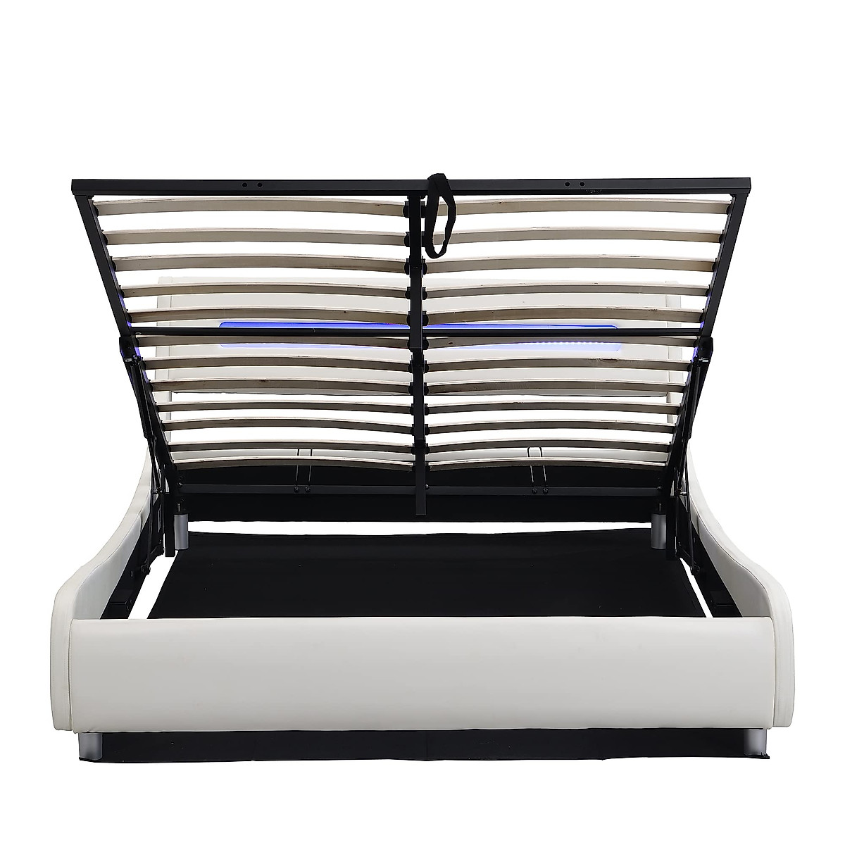 Low Profile Upholstered Platform Bed with LED Lights Headboard, Hydraulic Lifting Under Bed Storage, Modern Curved PU upholstered Low Profile Platform Bed Frame for Kids Teens Adults (White, Full)