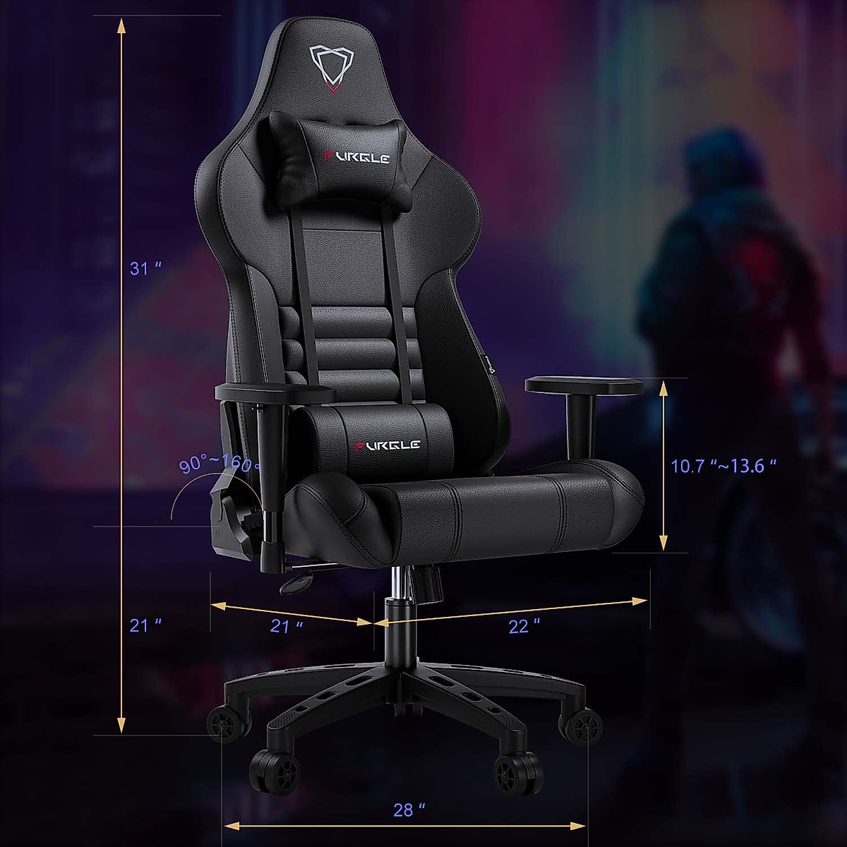 Gaming Chair - Furgle Computer Chair - Racing Style High-Back Office Chair - PU Leather Ergonomic Video Game Chairs for Adults - Adjustable Armrests - Headrest and Lumbar Support - Rocking Mode -Black