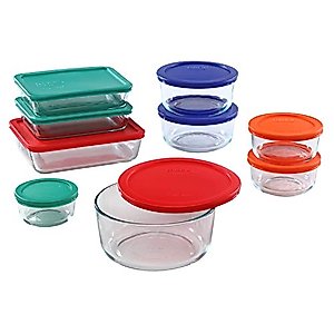 Pyrex Simply Store 18-Pc Glass Food Storage Containers Set, Round & Rectangle Glass Storage Containers with Lid, BPA-Free Lids, Non-Pourous Glass, Dishwasher, Microwave, Fridge and Freezer Safe