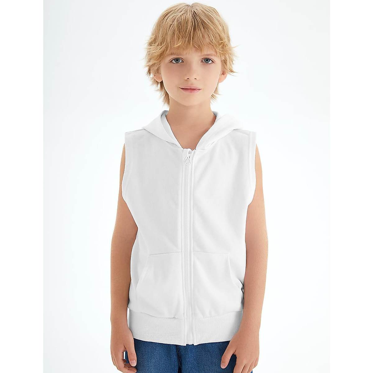 Spring&Gege Boys’ Full Zip Sleeveless Hooded Vest Basic Solid Zipper Tank Tops Hoodie with Pockets, White, Size 7-8 Years