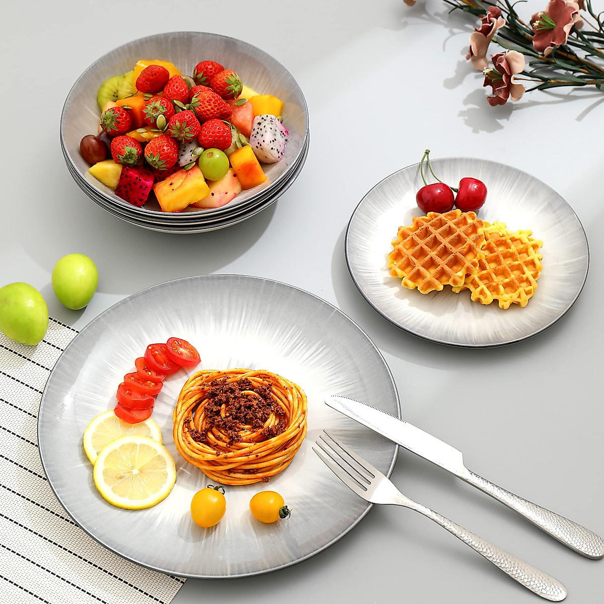 Bestone 12 Piece Round Kitchen Dinnerware Set,Plates and Bowls sets,Dishes, Plates, Bowls, Dish Set，Plates and Bowls,Service for 4, Chip Resistant Porcelain (gray)