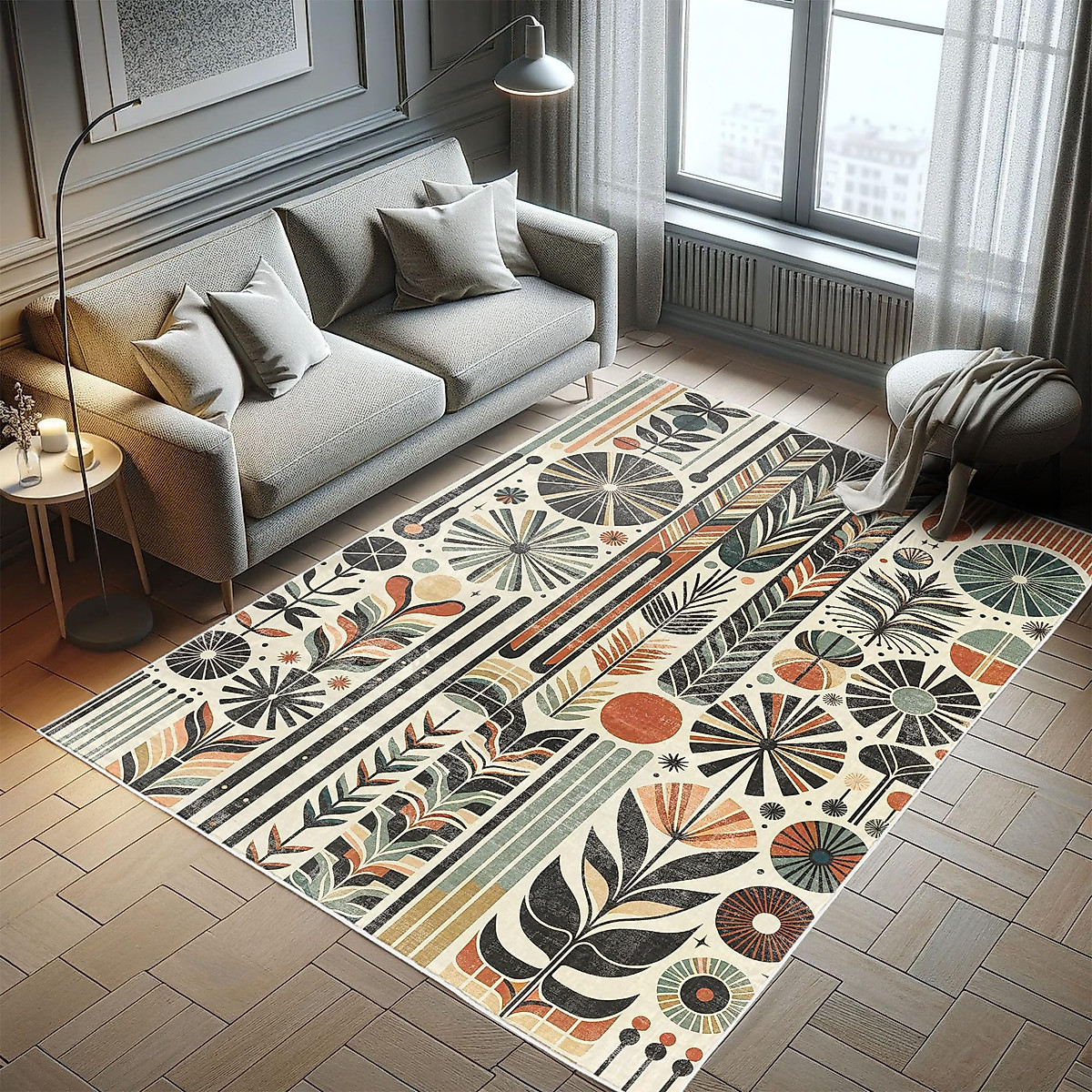 Ambesonne Bohemian Decorative Rug, Retro Mid Century Inspired Abstract Patterns on Ivory Background, Quality Carpet for Bedroom Dorm and Living Room, 4' X 5' 5", Dark Orange and Reseda Green