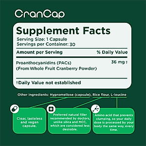 CranCap - Cranberry Pills - Urinary Tract Health Cranberry Supplement - 36mg of Potent PACs - Non GMO, Vegan, Gluten Free - by Heale - 30 Capsules