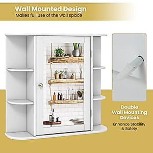 Tangkula Bathroom Medicine Cabinet with Mirror, Wall Mounted Bathroom Storage Cabinet with Mirror Door & 6 Open Shelves, Adjustable Shelves, Mirror Cabinet, Bathroom Wall Cabinet with Mirror (White)