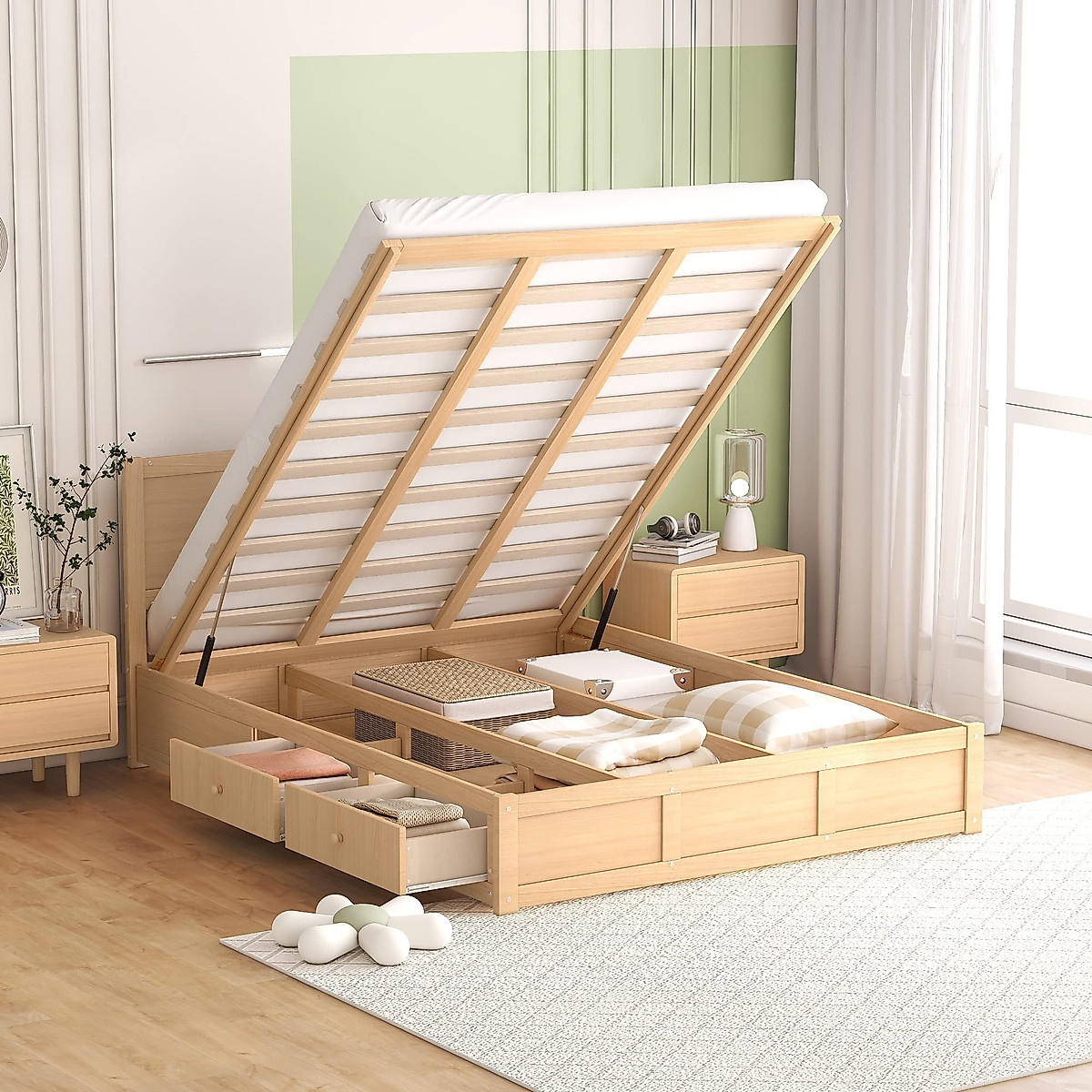 Queen Lift Storage Bed,Wooden Platform Bed with Storage and 2 Drawers Below with Fabric Headboard and Wood Slat Support, Hydraulic Storage System for Kids Teens and Adults,, Easy Assembly (Queen)