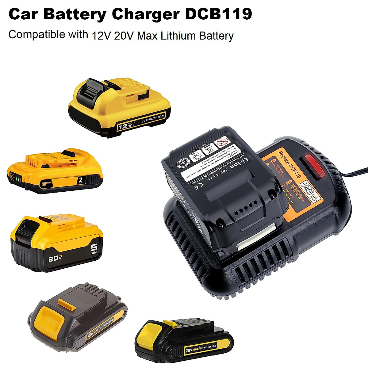 Kotoate DCB119 Car Battery Charger Compatible with 12V, 20V & 60V MAX Lithium Ion Battery DCB203 DCB201 DCB204 DCB206 DCB606 DCB609 DCB120 Replacement for 20V MAX Vehicle Charger