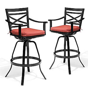 Pellebant Swivel Outdoor Bar Stools Set of 2, Patio Bar Height Chairs with Sunbrella Cushion and Cast Aluminum Frame, Outdoor Furniture w/Armrest & High Back for Deck Lawn Garden, Red