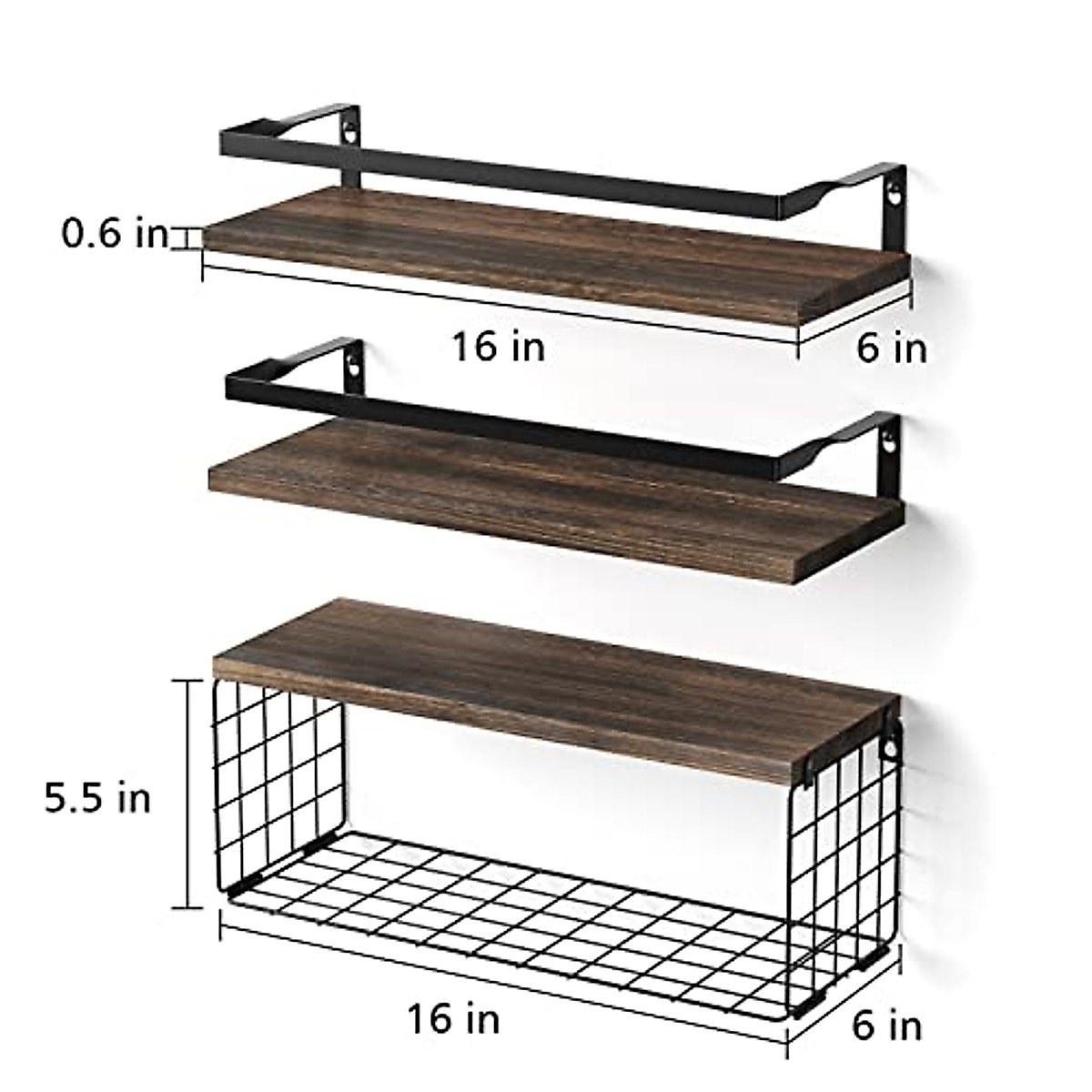 Floating Shelves Wall Mounted Set of 3, Rustic Wood Wall Shelves for Wall Decor Bathroom Shelves Over Toilet with Paper Storage Basket for Home Decor, Laundry Room Storage Shelves (Carbonized Brown)