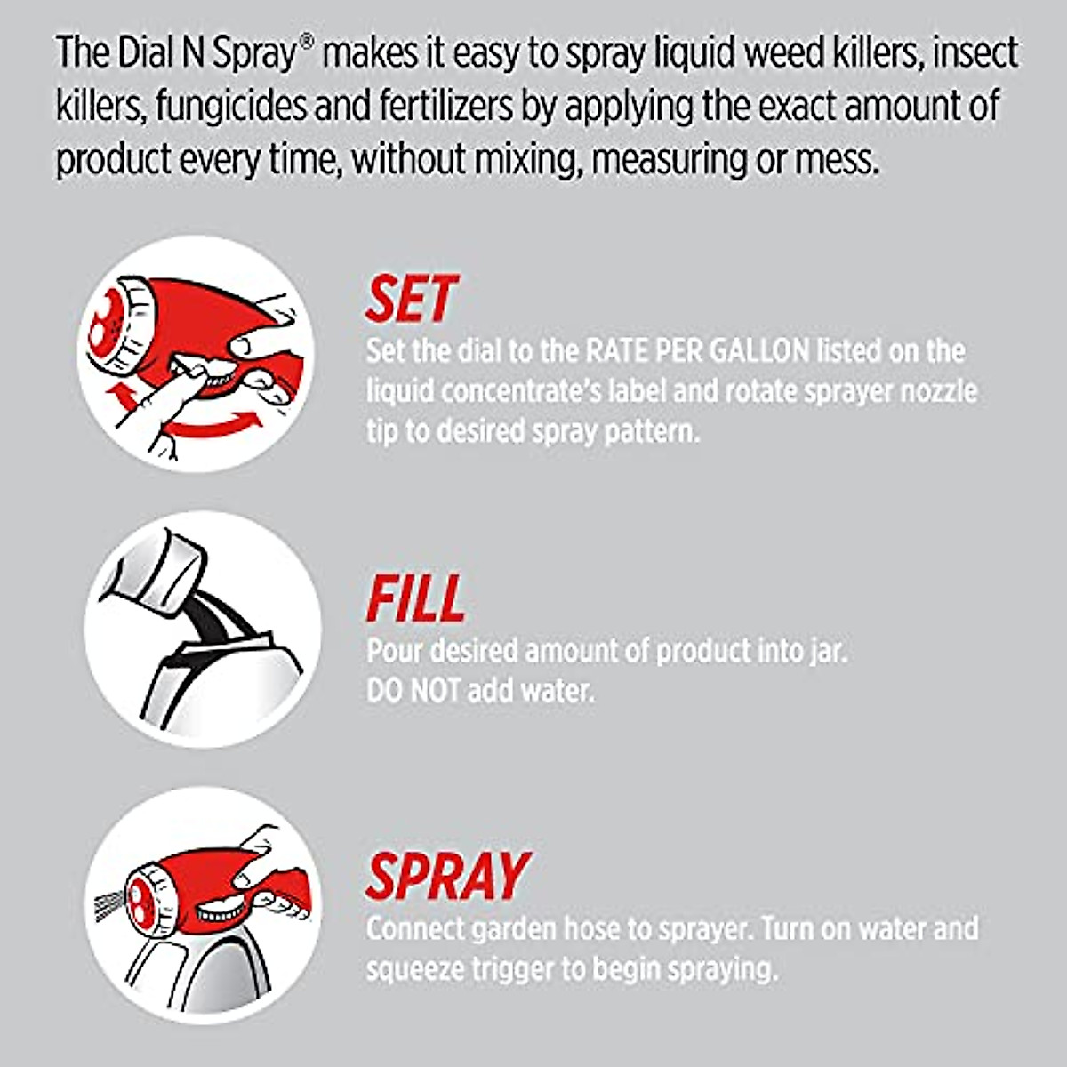 Ortho Dial N Spray Hose-End Sprayer for Liquid Weed and Insect Killer, Fungicide, Fertilizer with 14 Dilution Settings red