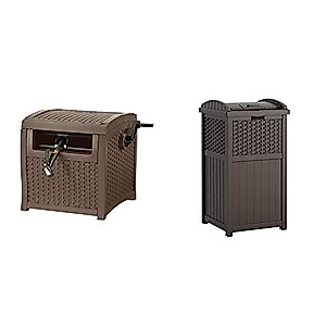 Suncast CPLSMW200 SMW200 Hose Reel & 33 Gallon Hideaway Can Resin Outdoor Trash with Lid Use in Backyard, Deck, or Patio, 33-Gallon, Brown