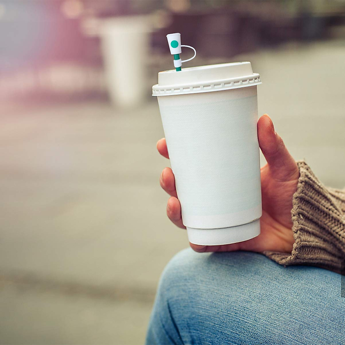 NUOBESTY Reusable Straws 3 Pcs Silicone Straw Tips Cover Cute Reusable Drinking Straw Tips Lids Covers Cap- Proof Straw Plugs for Cup Straws Green White