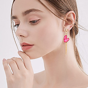 PopTopping Gold Asymetrical Heart Earrings Pink Heart Dangle Earrings Love Heart Drop Earrings For Women Birthday Valentine's Day Mother's Day Gift (Hot Pink)