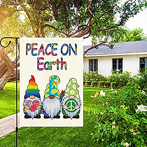 Heyfibro Gnomes Peace Garden Flag Peace On Earth Garden Flags 12x18 Inch Double Sided Burlap Messenger of Peace Flags for Holiday Spring Seasonal Outdoor Decoration(ONLY FLAG)