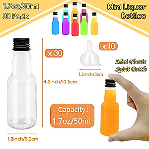 30 Pack 1.7oz Mini Liquor Bottles,50ml Plastic Spirit Alcohol Bottle with Black Cap,Miniature Sauce Bottles with 10 Funnels for Weddings,Party Supplies