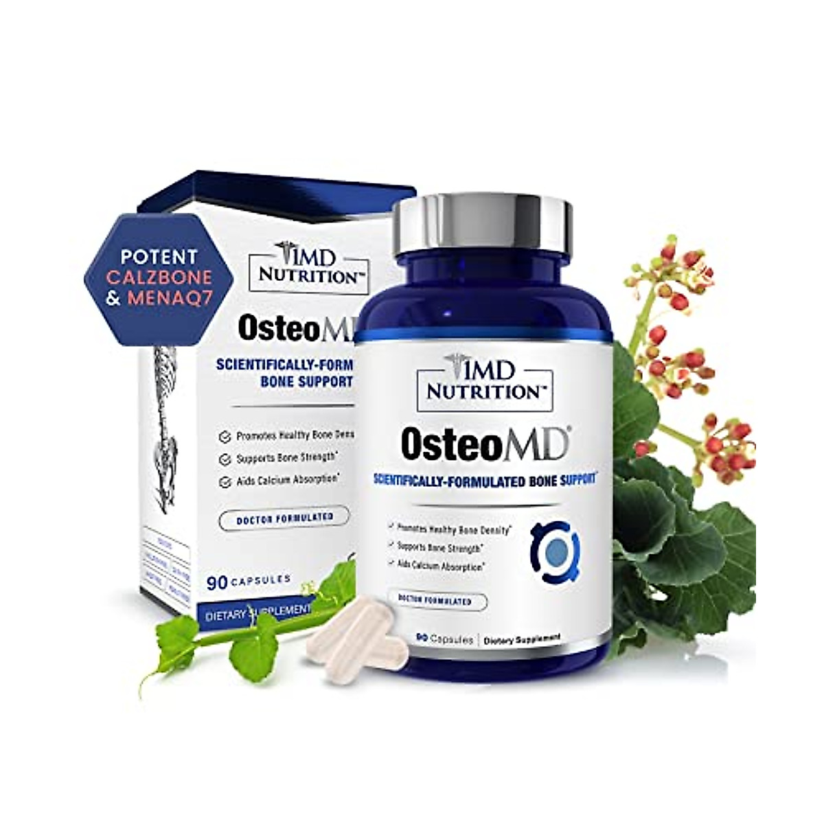 1MD Nutrition OsteoMD for Comprehensive Bone Support - Calcium Supplement for Women and Men - Promote Bone Density w/Calcium with Vitamin D - Calcium Hydroxyapatite w/Vitamin D3 & K2-90 Capsules