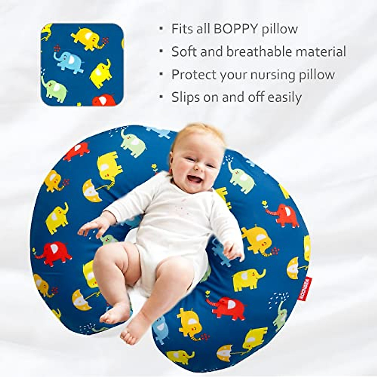 Nursing Pillow Cover with Elephant Print for Baby Boys or Girls, Snug Fits Boppy Nursing Pillows, Soft Breastfeeding Nursing Pillow Slipcovers, for Breastfeeding Moms