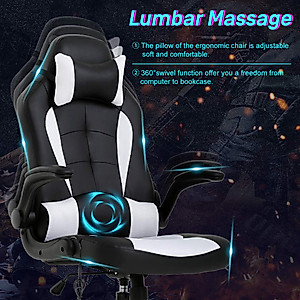 Gaming chair Office Chair Desk Chair Massage Ergonomic High Back Computer Chair with Lumbar Support Flip-up Arms Headrest PU Leather Height Adjustable Swivel Executive Chair for Women Men Adult
