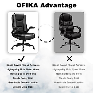 OFIKA Big and Tall Office Chair Computer Desk Chair - Ergonomic High Back Lumbar Support Home Office Chair with Padded Flip-up Arms, Adjustable Height Swivel Chair Leather Executive Chair (Black)