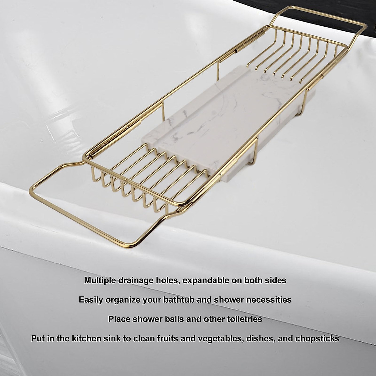 Metal Marble Bathtub Rack, Bathtub Caddy Tray Stainless Steel Shower Caddy Tray with Extending Sides, Bathroom Trays (Gold White)