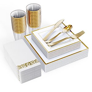 175 Piece Gold Dinnerware Set 25 Guest-50 Square Plastic Plates-25 Gold Plastic Silverware-25 Gold Plastic Cups-25 Gold Paper Napkins, FOCUSLINE Disposable Dinnerware Set