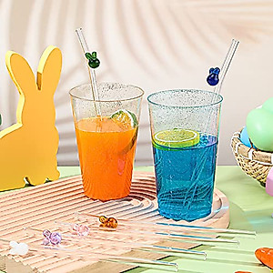 6 Pcs Reusable Glass Straws, Cute Bunny on Clear Straws with Design 7.9 in x 8 mm Colorful Shatter Resistant Bent Drinking Straws with 2 Cleaning Brushes for Beverages, Shakes, Juices, Cocktails