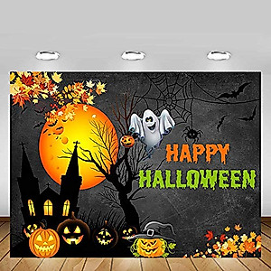 MEHOFOTO Happy Halloween Backdrops for Photography Pumpkin Ghost Halloween Eve Maple Leaves Full Moon Banner Black Evening Birthday Party Decoration Photo Studio Booth Background Props7x5ft