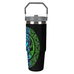 Colorful Aztec Calendar 30 OZ Insulated Tumblers with Handle And Straw Leakproof Vacuum Insulated Stainless Steel Water Bottle for Car Fishing Travel