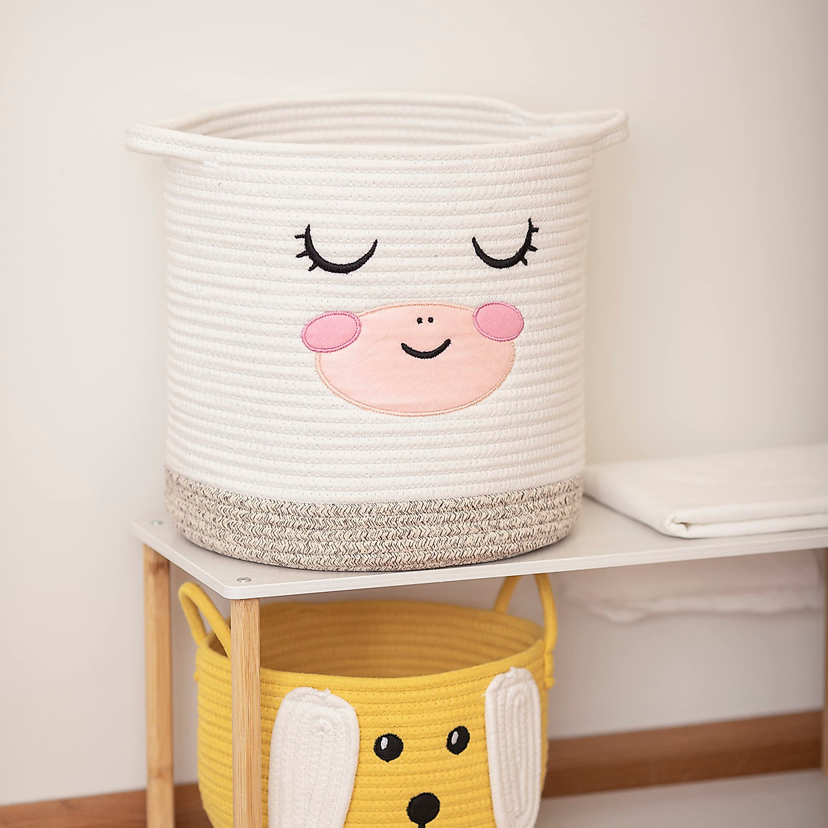 NADEnVIE Baby Girl Nursery Storage Basket Cute Unicorn Cotton Toy Storage Bin, Pig Baby Hamper For Nursery Girl, Pink Basket For Baby Woven Storage Basket