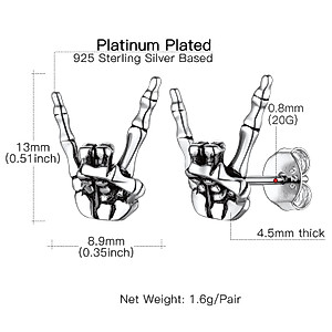 Suplight 925 Sterling Silver Rock Hand Earrings Vintage Punk Rock Earrings for Men Women