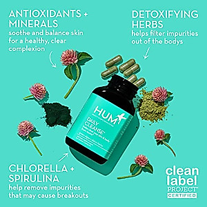 HUM Daily Cleanse Clear Skin Vitamins & Acne Reducing Chlorella + Spirulina - Natural Digestive Cleanse with Green Algae, Detoxing Herbs & Minerals - Daily Body Detox & Skin Supplement (60 Capsules)